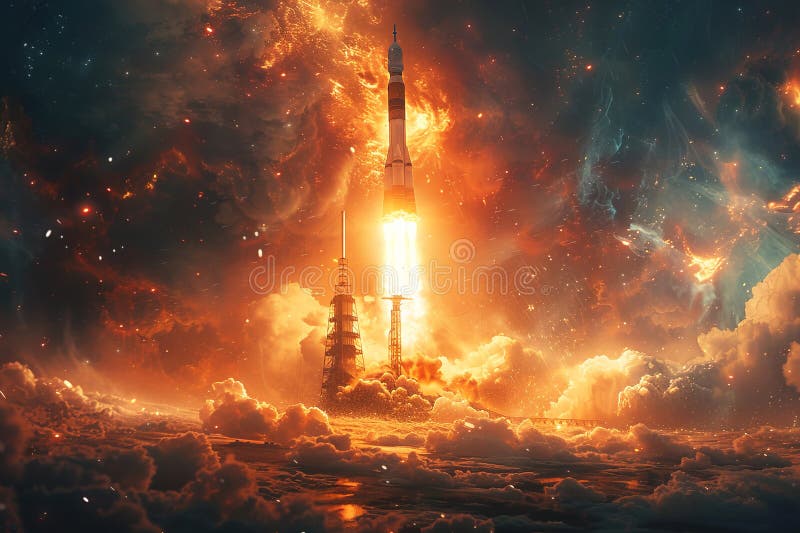 Space Rocket Takes Off From Cosmodrome In Fire Smoke Launch Of