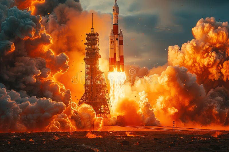 Space Rocket Takes Off From Cosmodrome In Fire Smoke Launch Of