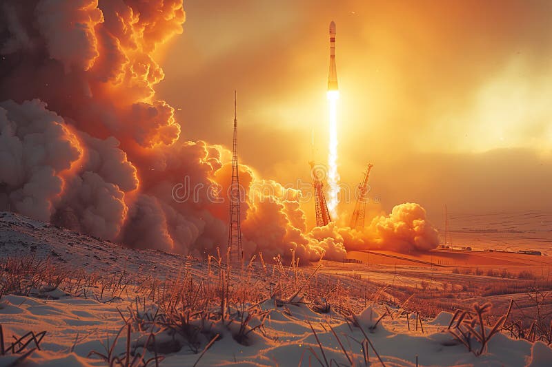 Space Rocket Takes Off from Cosmodrome in Fire, Smoke. Launch of ...