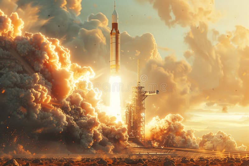 Space Rocket Takes Off From Cosmodrome In Fire Smoke Launch Of