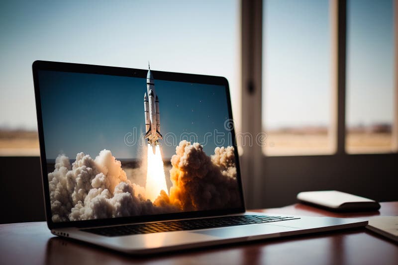 Space Rocket Taking Off from Laptop Screen. Computer Speed Up and ...
