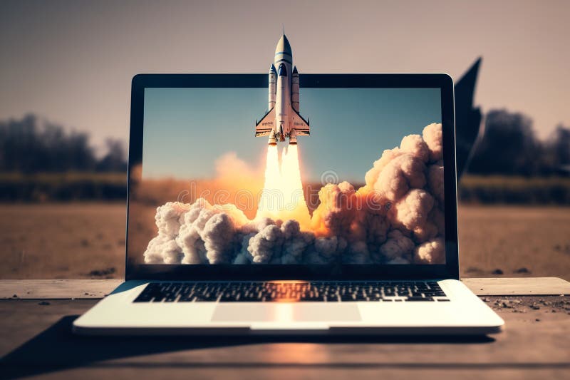 Space Rocket Taking Off from Laptop Screen. Computer Speed Up and ...