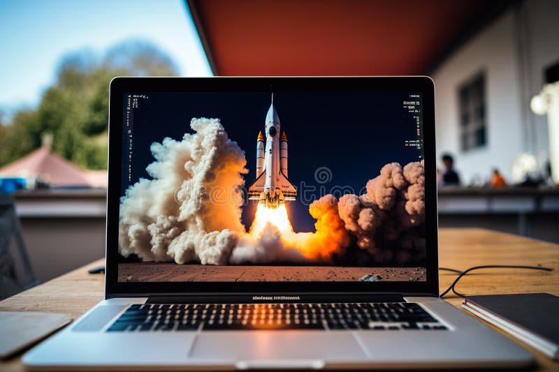 Space Rocket Taking Off from Laptop Screen. Computer Speed Up and ...