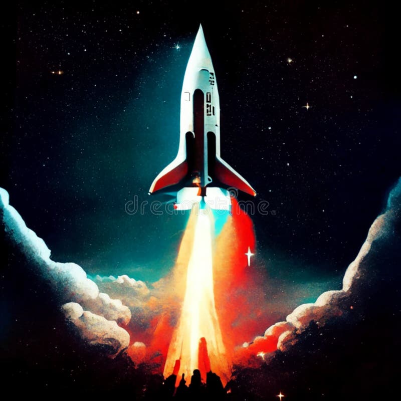 Space Rocket Taking Off into the Night Starry Sky. 3D Illustration AI ...