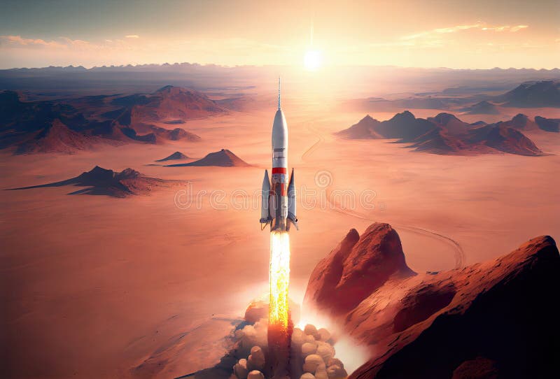 Space Rocket Taking Off from the Surface of Mars. Space Travel ...