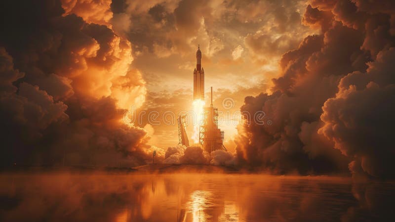 Space Rocket Taking Off Surround with Fire and Smoke Stock Image ...
