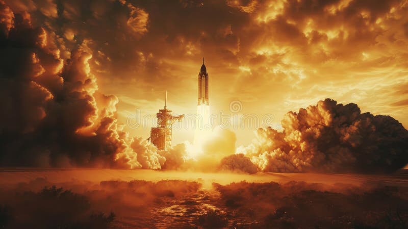 Space Rocket Taking Off Surround with Fire and Smoke Stock Photo ...