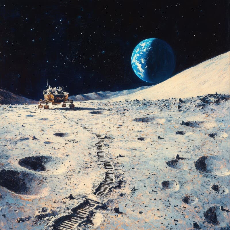 Space Rover Navigating the Lunar Surface with Earth in View Stock Image ...