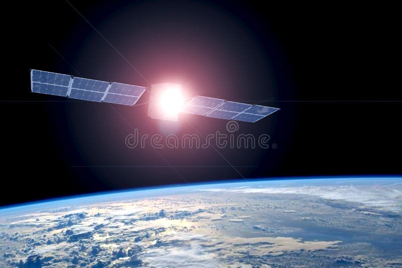 Space Satellite Above the Earth with Reflection of Light. Elements of ...