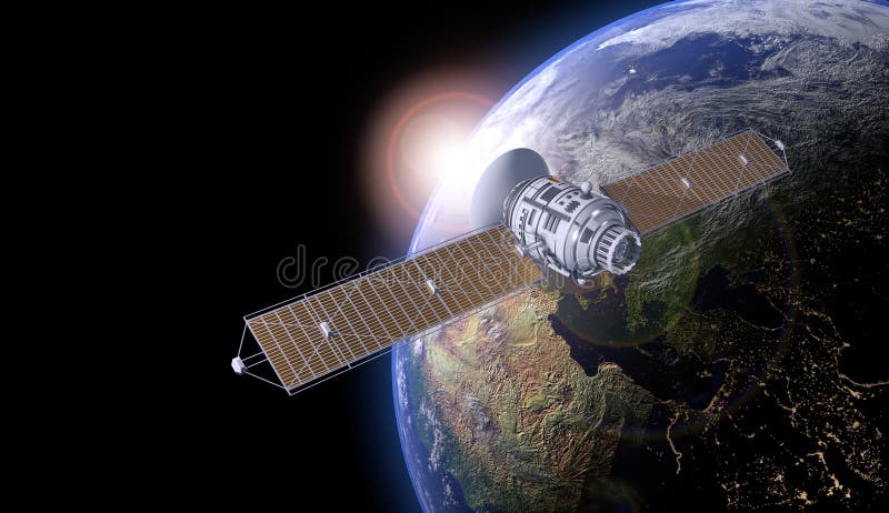 Space Satellite Communication in Orbit Around Earth Globe. 3d Render ...