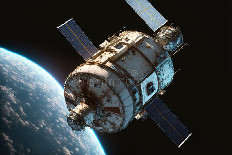Space Satellite on Earth Orbit, Spacecraft with Solar Panels ...