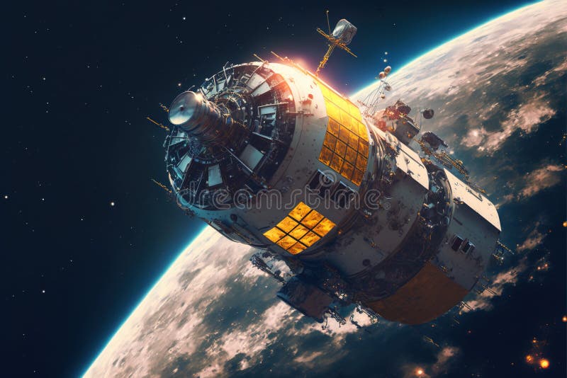 Space Satellite on Earth Orbit, Spacecraft with Solar Panels ...