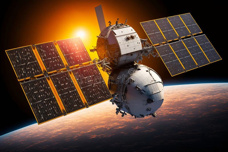 Space Satellite on Earth Orbit, Spacecraft with Solar Panels Orbiting ...