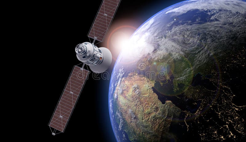 Space Satellite in Orbit Around Earth. 3d Realistic Illustration ...