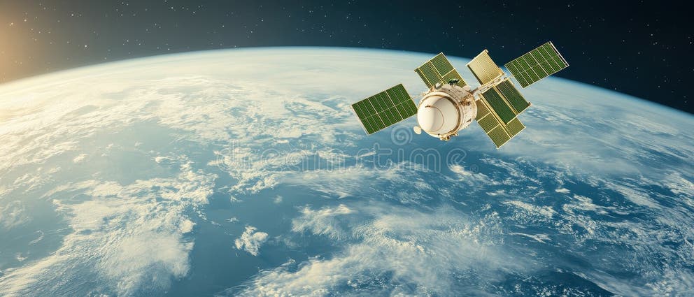 Space Satellite Orbiting Planet Earth with Bright Solar Panels and ...