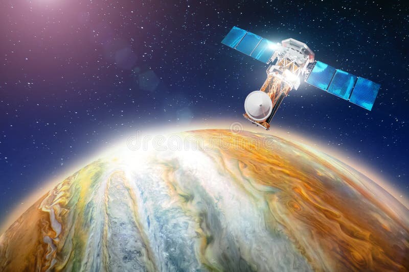 Space Satellite Solar Panels Orbiting The Earth During Sunset And ...