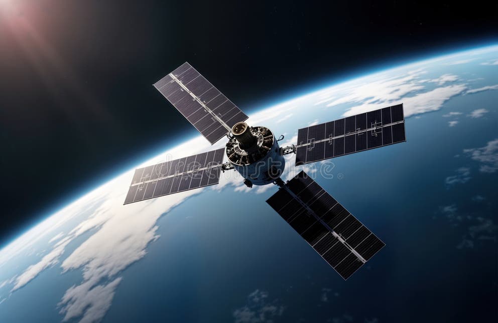 Space Satellite Orbits Earth. Large Solar Panels Extend from Satellite. Satellite Technology in ...