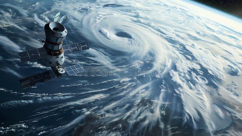 Space - a Satellite Orbits Earth, Observing a Vast Storm with Intricate ...