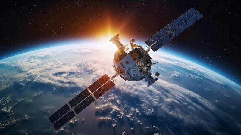 Space Satellite Over the Planet Earth Stock Illustration - Illustration ...