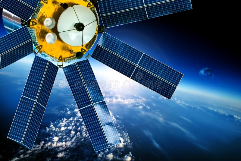 Space Satellite Over the Planet Earth Stock Illustration - Illustration ...