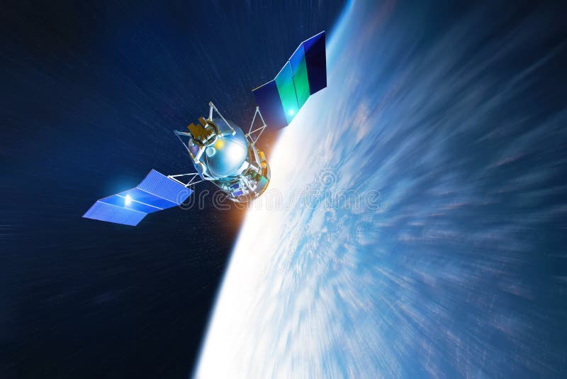 Space Satellite Rushes Flies in the Earth`s Orbit at High Speed, Lights ...