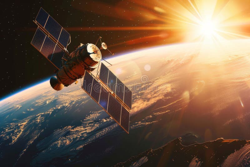 Space Satellite with Solar Panels, Earth Backdrop, Sun Shining ...