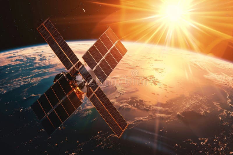 Space Satellite with Solar Panels Orbiting Earth Against Backdrop of ...