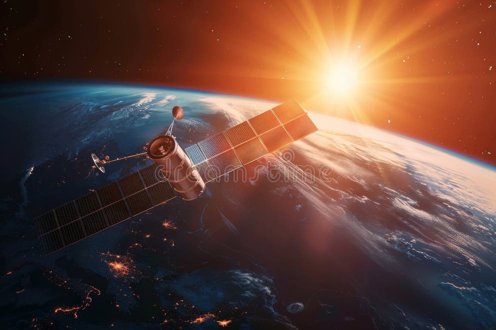Space Satellite with Solar Panels Orbiting Earth, Sunlit Technology in ...