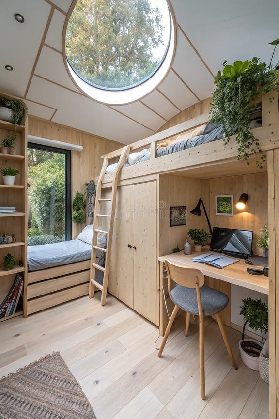 Space-Saving Bedroom Design – Foldable Desk and Circular Skylight Stock ...
