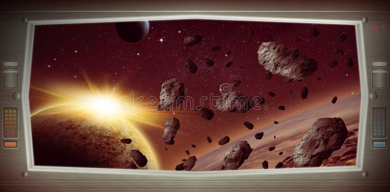 Space Scene with Asteroids from Window View Stock Illustration ...