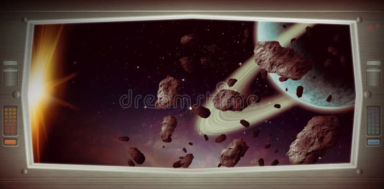 Space Scene with Asteroids from Window View Stock Illustration ...
