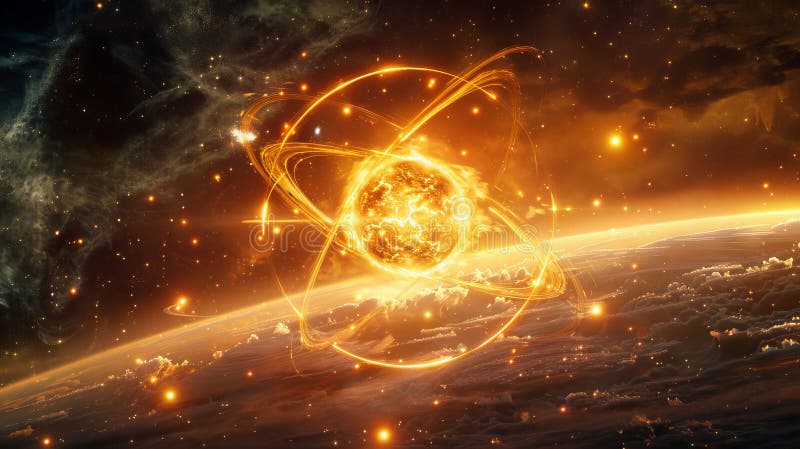 A Space Scene with an Atom in the Center Stock Image - Image of earth ...