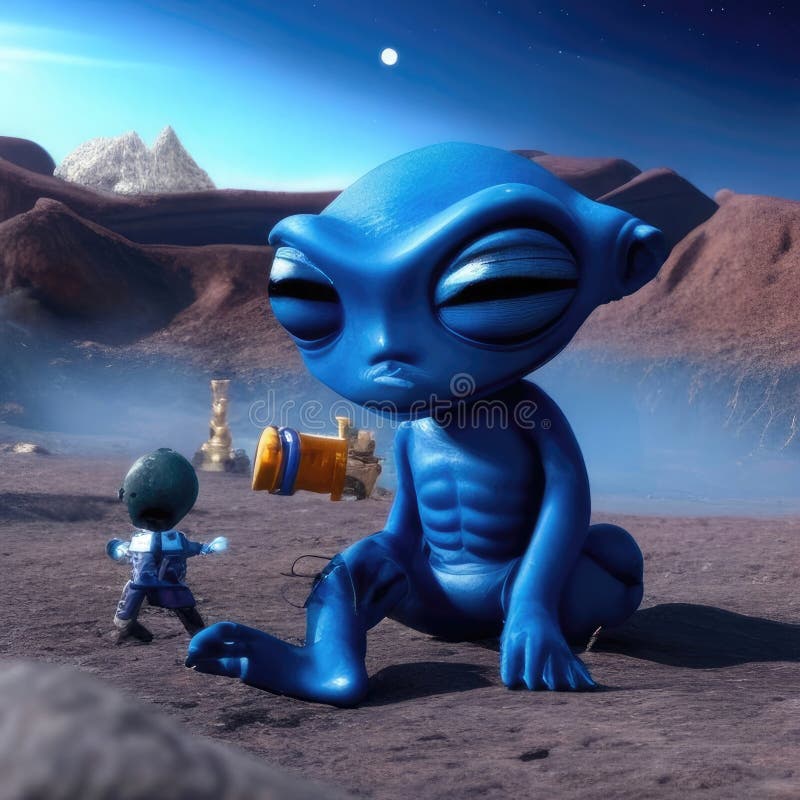 Space Scene with a Blue Alien and a Boy, 3d Render Stock Illustration ...