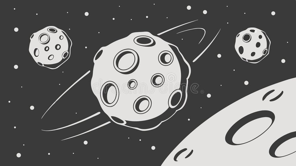 Space Scene with a Cratered Moon and Flying Asteroids, Vector Design ...