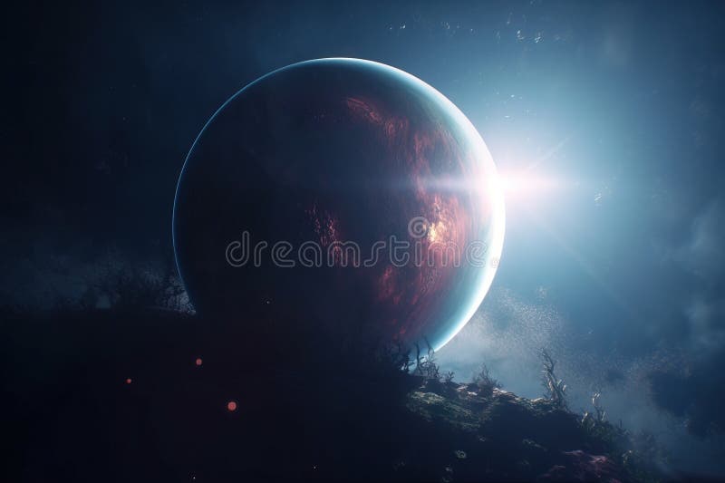 A Space Scene with a Distant Planet in the Distance and a Bright Light ...