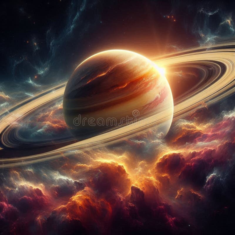 Space Scene Featuring Saturn with Its Rings, Accompanied by a Vibrant ...