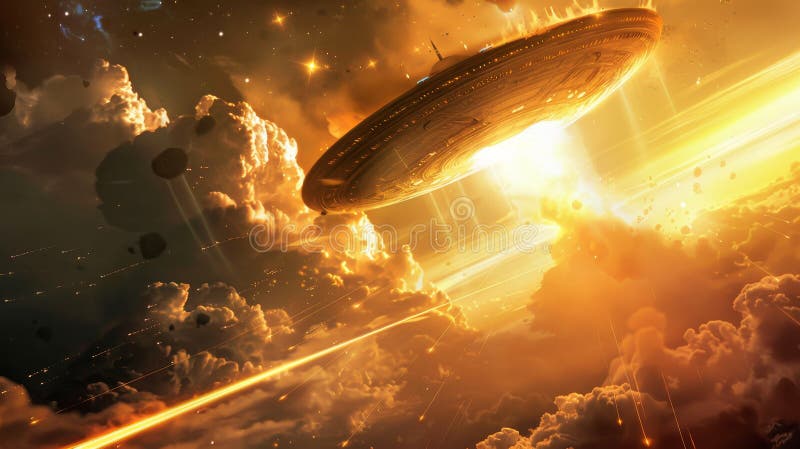 A Space Scene with a Large Alien Spaceship Flying through the Clouds ...