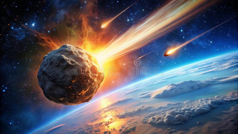 A Space Scene with a Large Rock Falling Towards the Ground Stock ...