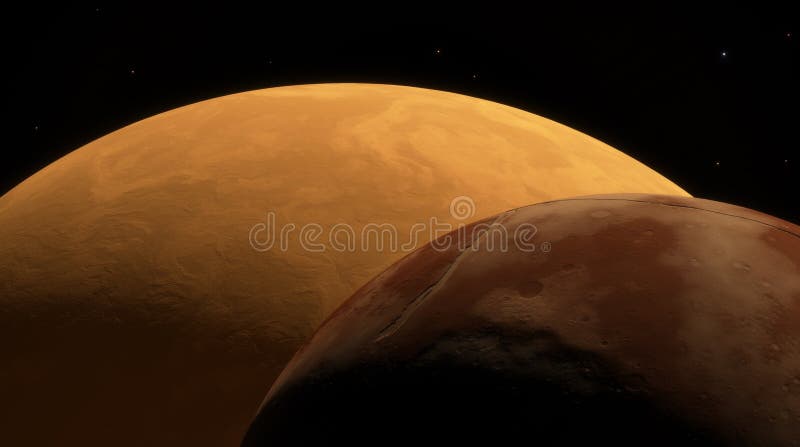 Space Scene, Large Smooth Orange Planet Looming Over a Cratered Moon ...