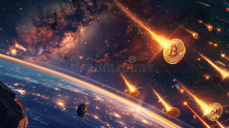 A Space Scene with a Lot of Shooting Stars and a Lot of Bitcoin Coins ...