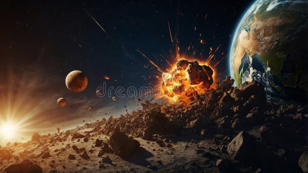 A Space Scene with a Planet and a Large Rock that Has Exploded Stock ...