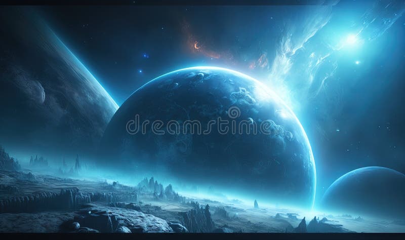A Space Scene with Planets and Stars in the Sky and a Distant Star in ...