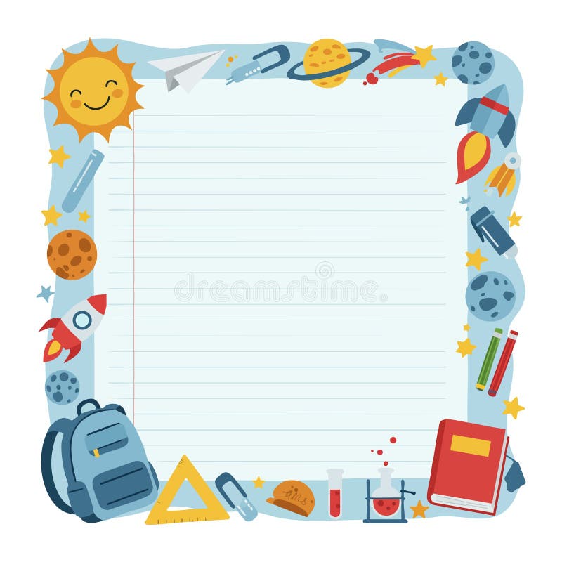 Space and School Supplies Frame with Smiling Sun and Planets for Kids ...