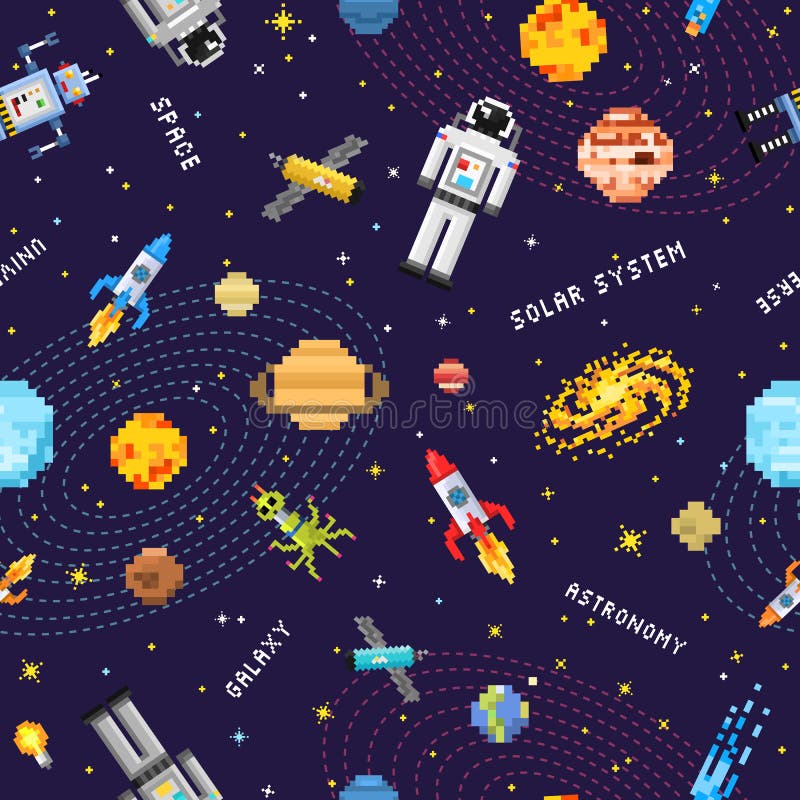 Space Seamless Pattern Background, Alien Spaceman, Robot Rocket and ...