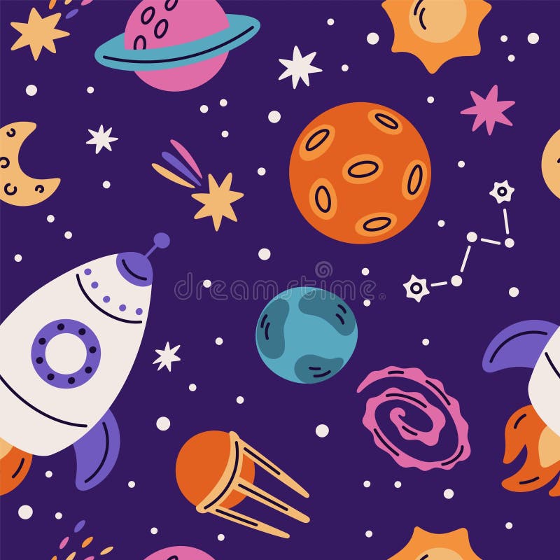 Space Seamless Pattern. Cartoon Rocket, Planets and Stars, Repeated ...