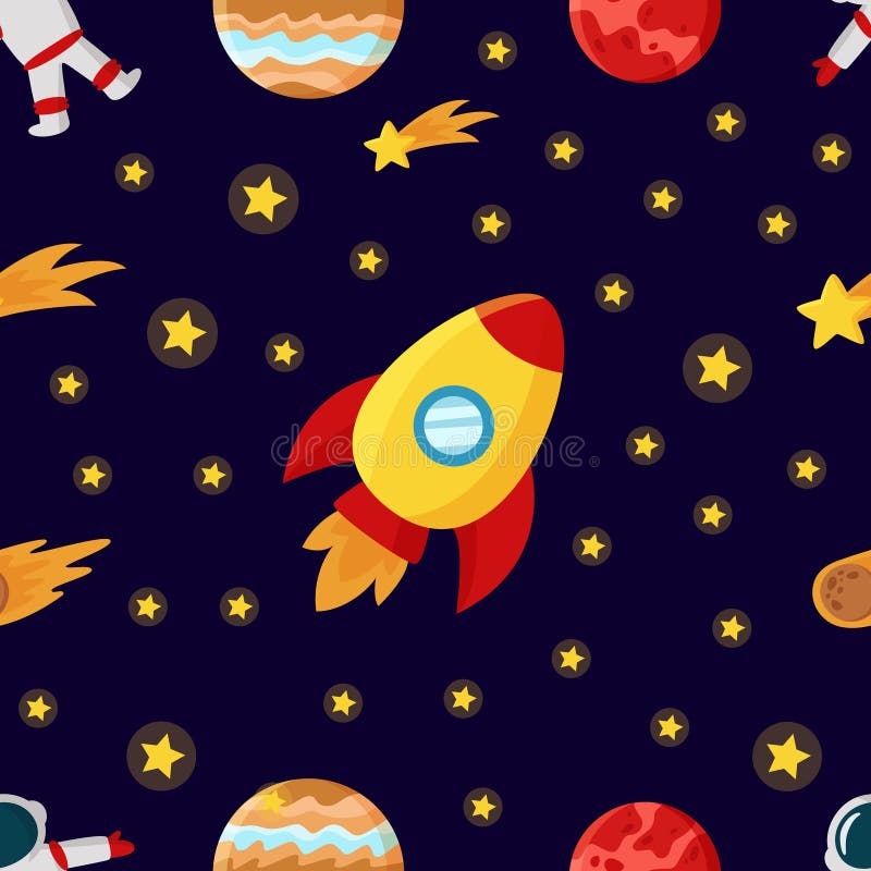 Space Seamless Pattern with Cartoon Rocket and Solar System Planets ...