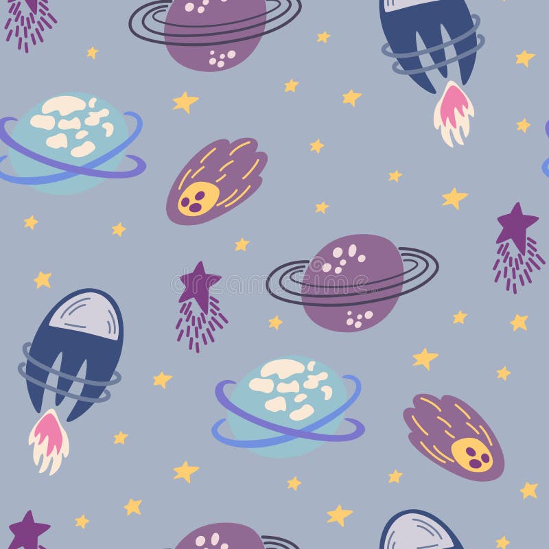 Space Seamless Pattern. Cosmic. Background with Cartoon Planets and ...
