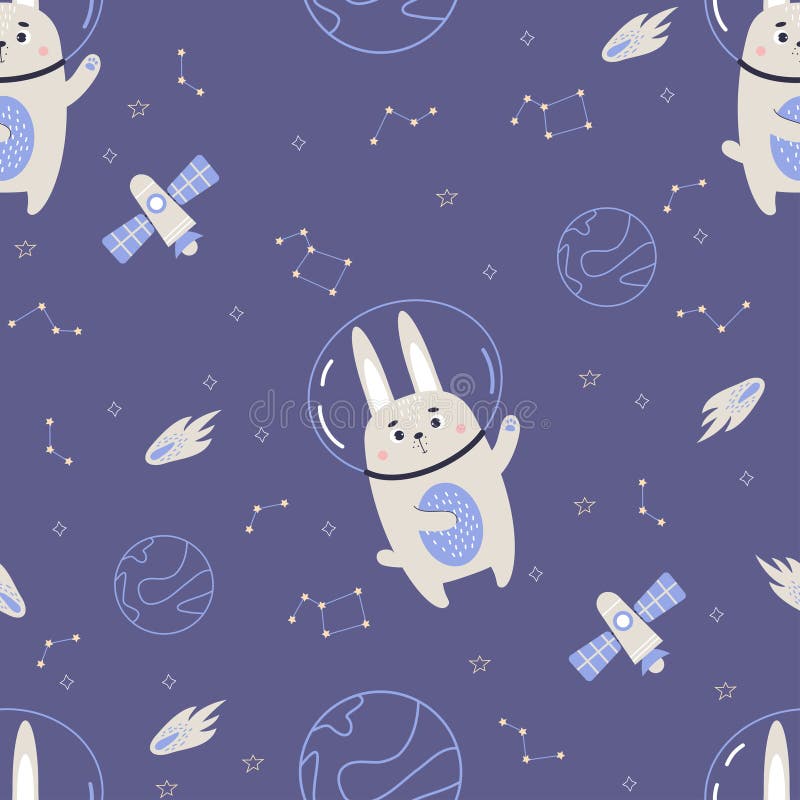 Space Seamless Pattern. Cute Astronaut Rabbit with Planets, Stars and ...