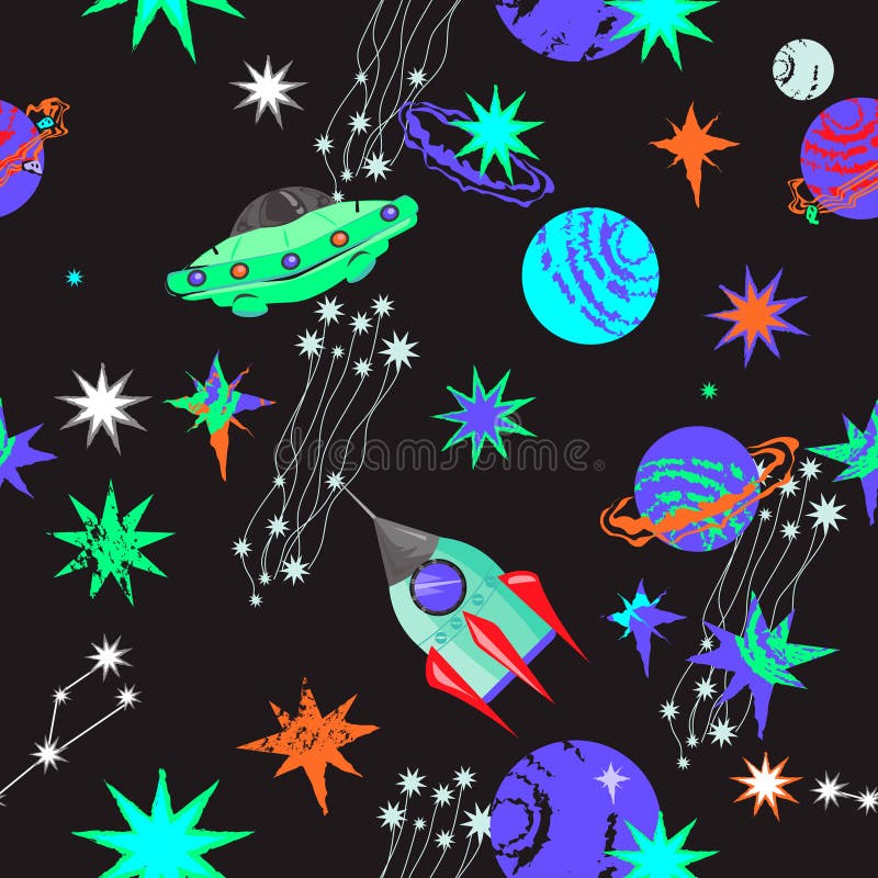 Space Seamless Pattern Design with Alien Spaceship and Rocket, Cartoon ...