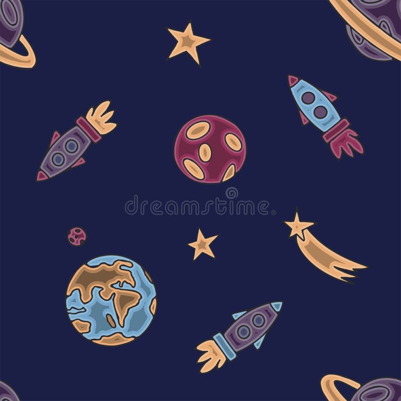 Space Seamless Pattern. Hand Draw Space Illustration with a Rocket ...